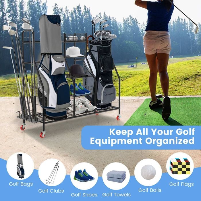 Costway Metal Golf Bag Storage Rack Mobile Golf Club Stand Organizer w ...
