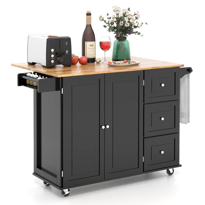 Costway Large Kitchen Island Trolley Extendable Tabletop Rubber Wood ...