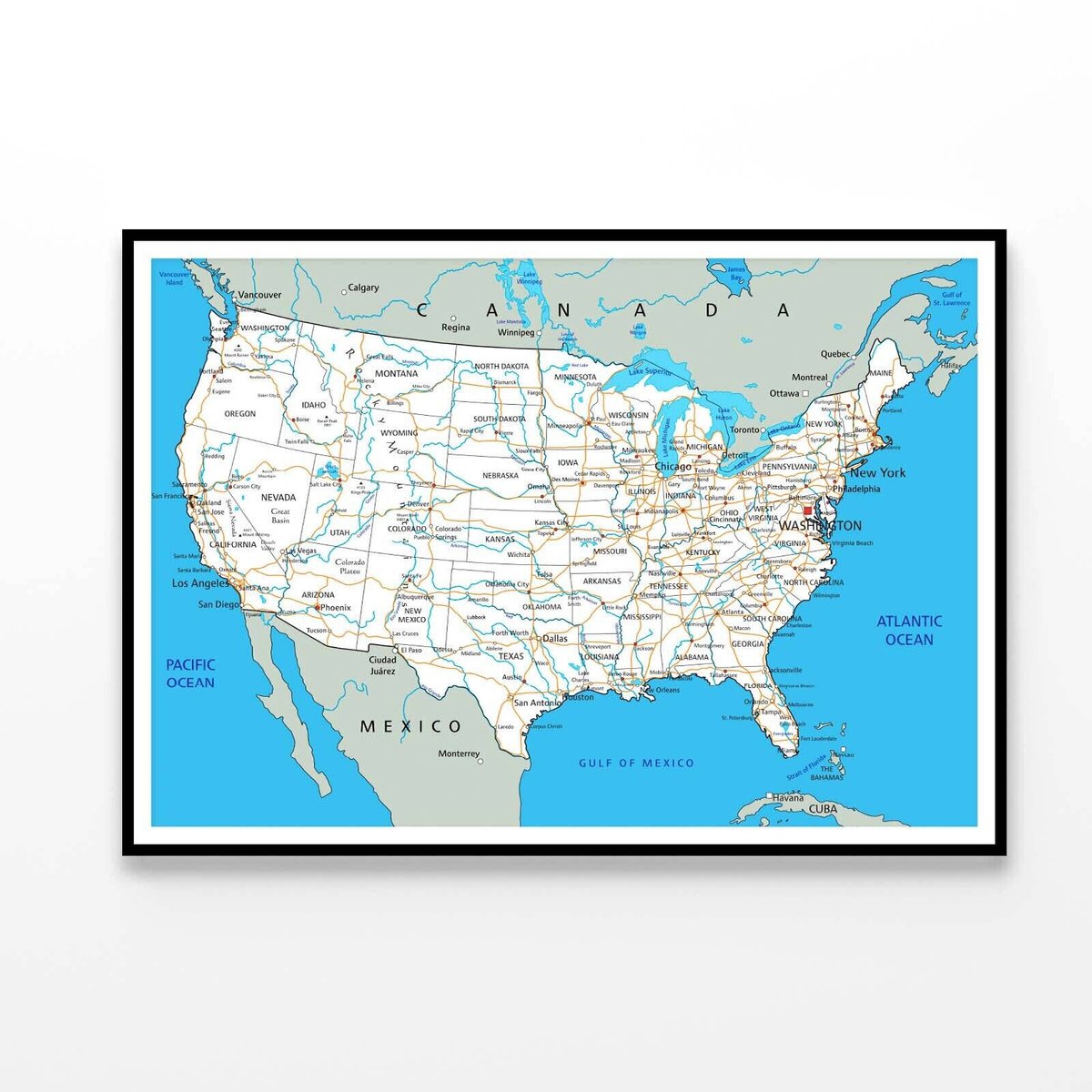 High Detailed USA Road Map Print 100% Australian Made 120x90cm (Poster ...