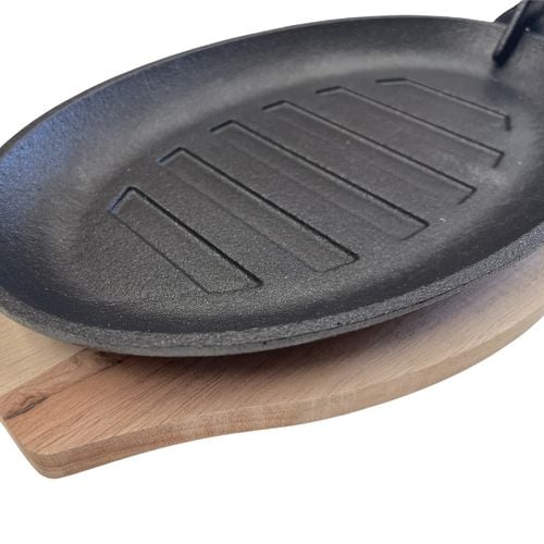 Steak Sizzle Plate Cast Iron Sizzling Platter Serving Plate Wooden Base ...