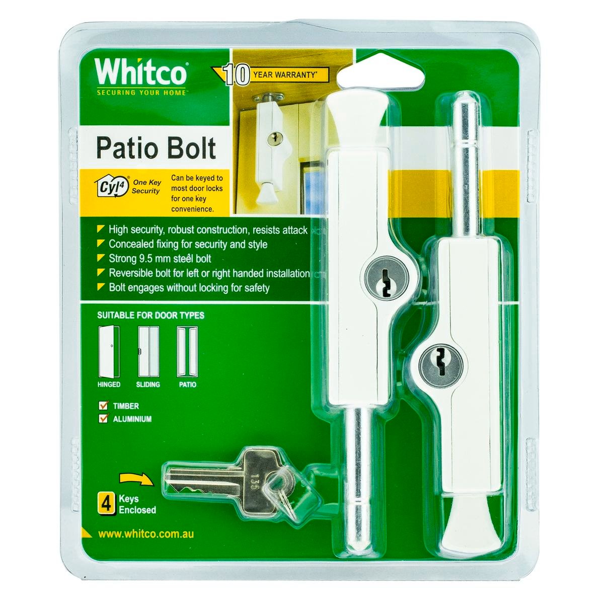 Whitco White Patio Bolt - 2 Pack - Bunnings Australia