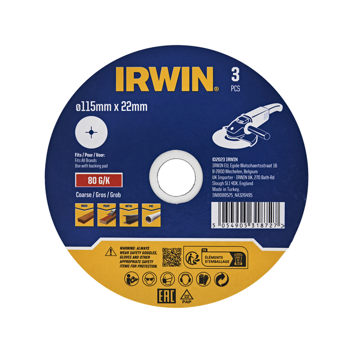 IRWIN 115 x 22mm 80 Grit Fibre Disc - 3 Pack - Bunnings Australia