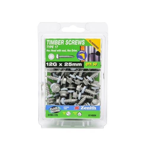 Zenith 12G x 25mm Galvanised T17 Hex Head Seal Timber Screw - 50 Pack ...