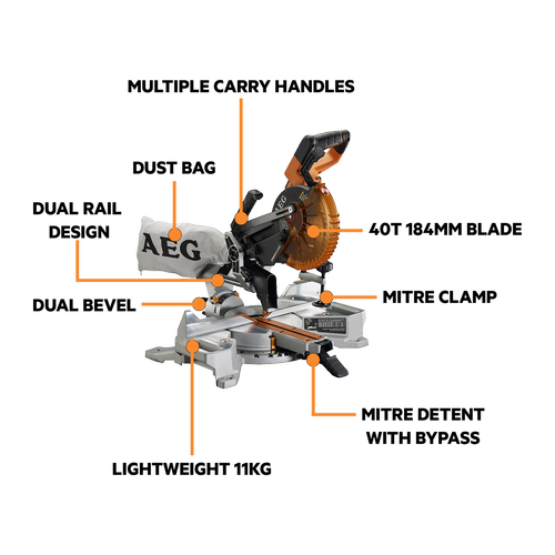 AEG 18V 184mm Brushless Slide Compound Mitre Saw - Skin Only - Bunnings ...