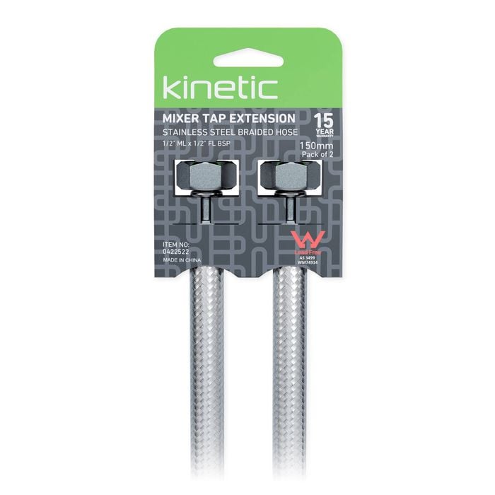 Kinetic 150mm Stainless Steel Flexible Braided Hose Mixer Tap Extension ...