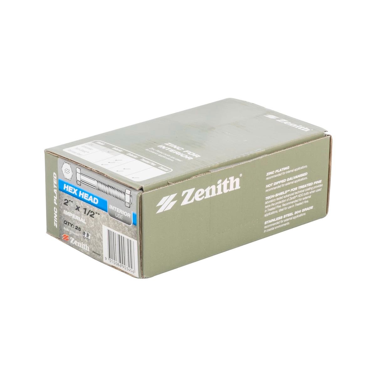 Zenith 2 x 1/2" Zinc Plated Hex Head Bolt And Nut - 25 Pack - Bunnings ...
