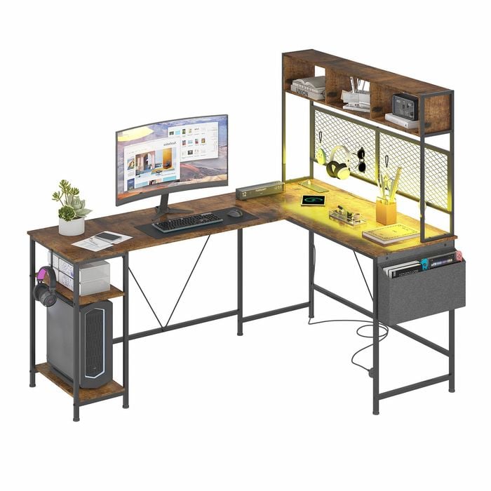 Advwin 170cm L Shaped Gaming Desk with LED Lights & Power Outlets ...