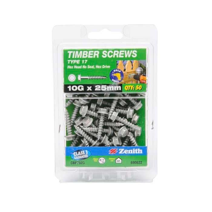 Zenith 10G x 25mm Galvanised Type 17 Hex Head Timber Screws - 50 Pack ...