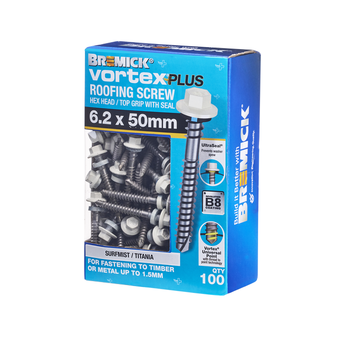 Bremick Vortex Plus Roofing Screw 6.2 x 50mm HEX B8 SM BOX 100 ...