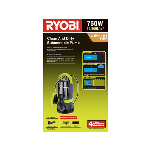Ryobi 750W Clean And Dirty Water Submersible Pump - Bunnings Australia