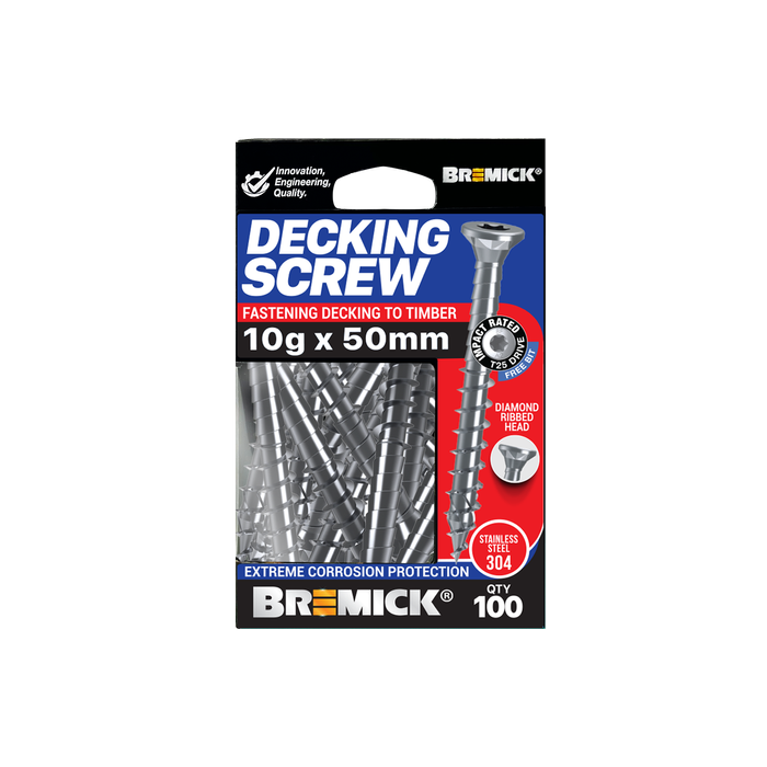 Bremick Decking Screw 10g x 50mm SPIRAL RIB T25 SS304 -100 Pack ...
