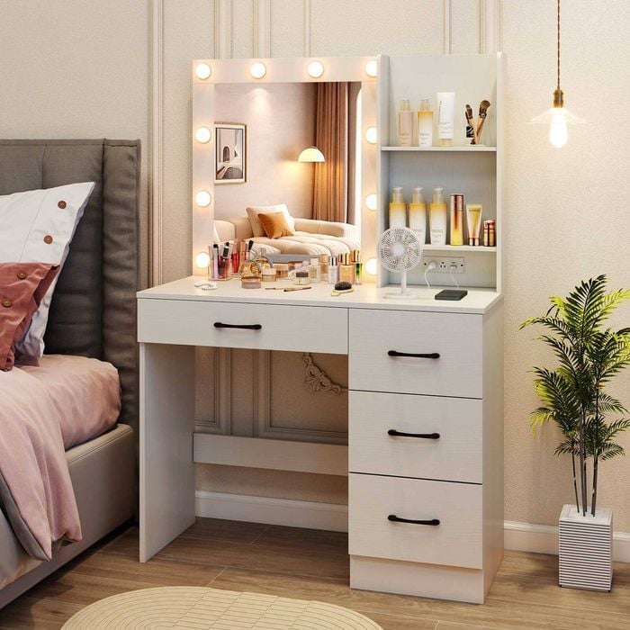 Costway Dressing Table w/Charging Station 3-Color LED Lighted ...
