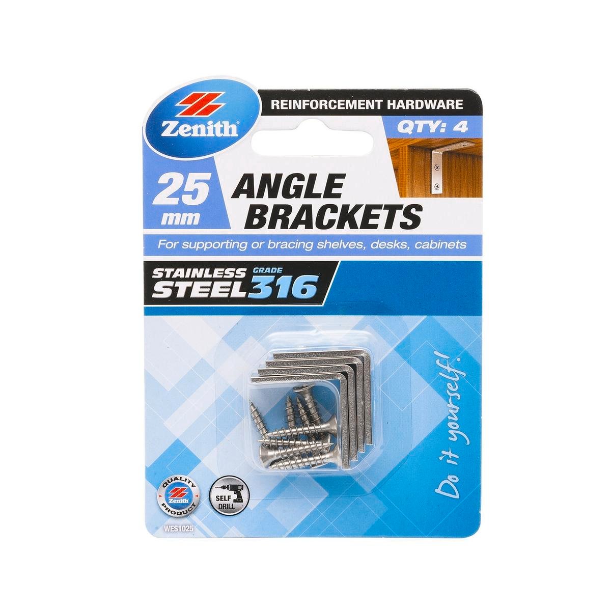 Zenith 25mm Stainless Steel Angle Bracket - 4 Pack - Bunnings New Zealand