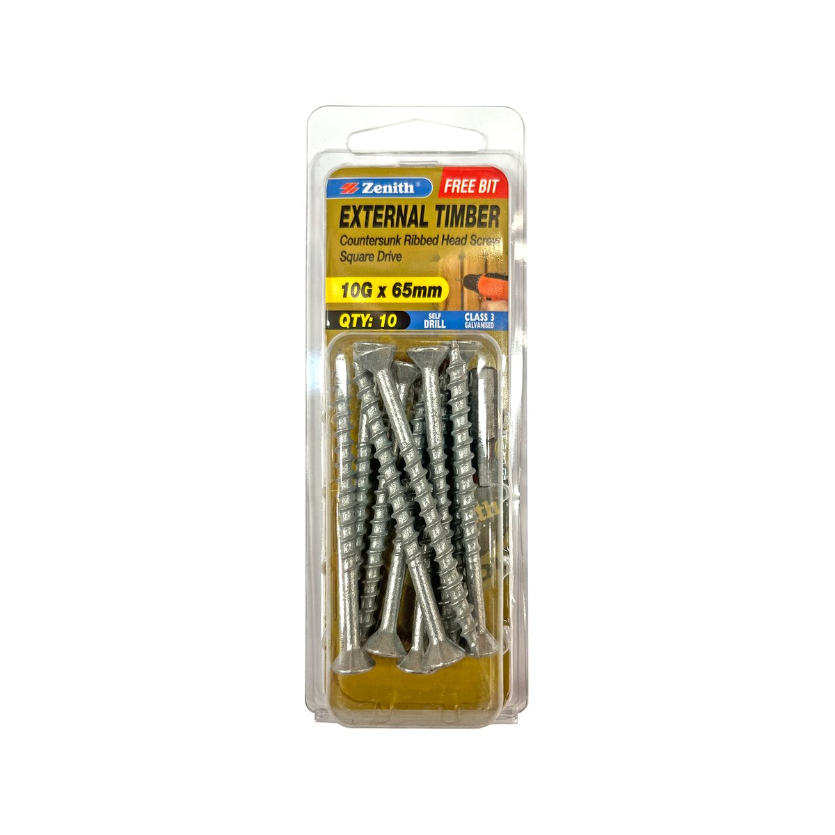 Zenith 10G x 65mm Galvanised Square Drive External Timber Screw - 10 ...