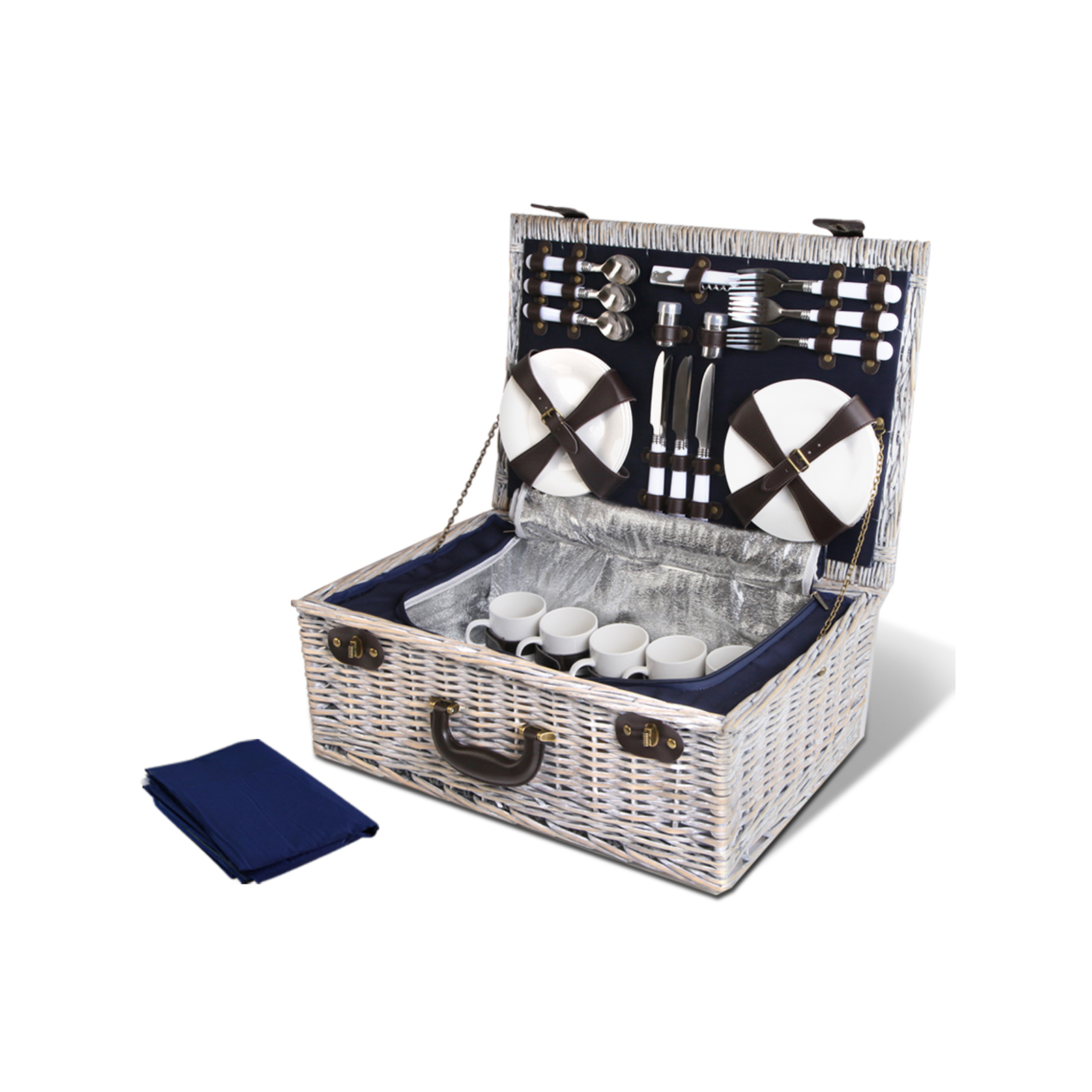 Alfresco 6 Person Picnic Basket Set Cooler Bag Wicker PU Fastening Straps Plates Bunnings Australia