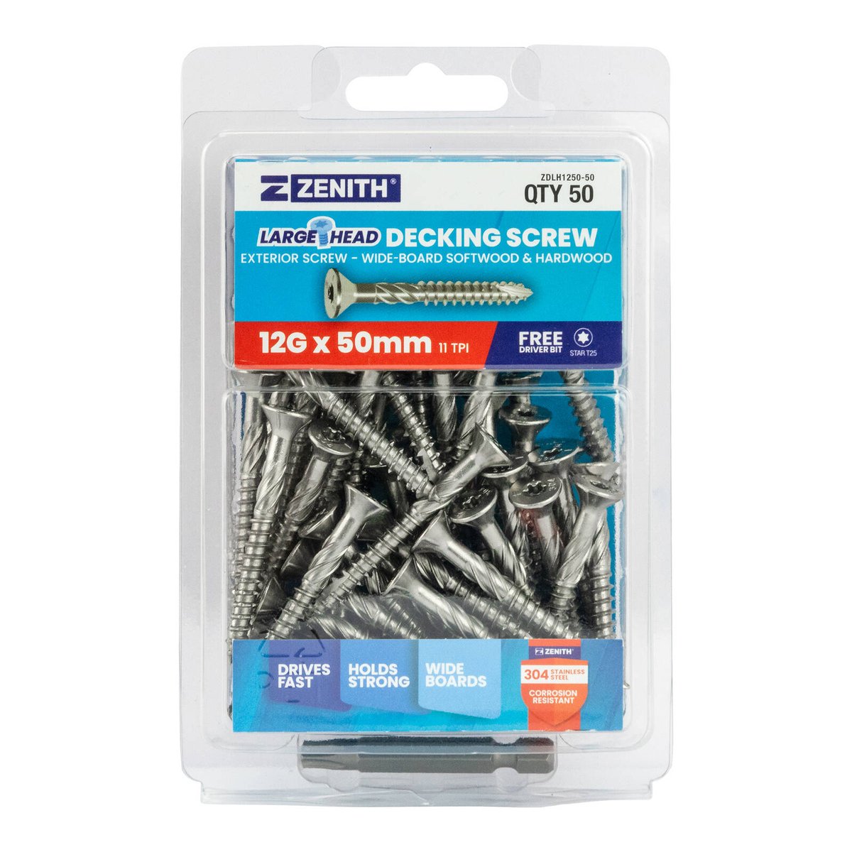 Zenith Large Head Decking Screw T25 12G x 50mm SS304 - 50 Pack ...
