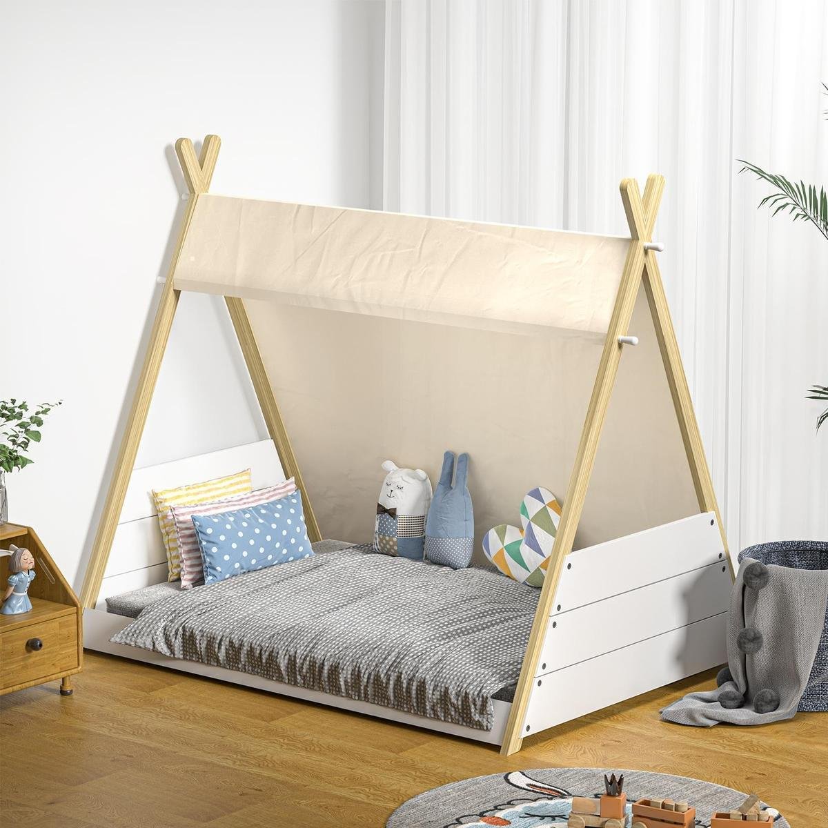 Oikiture Kids Bed Frame Wooden Timber Single Teepee Bed Frame Platform ...