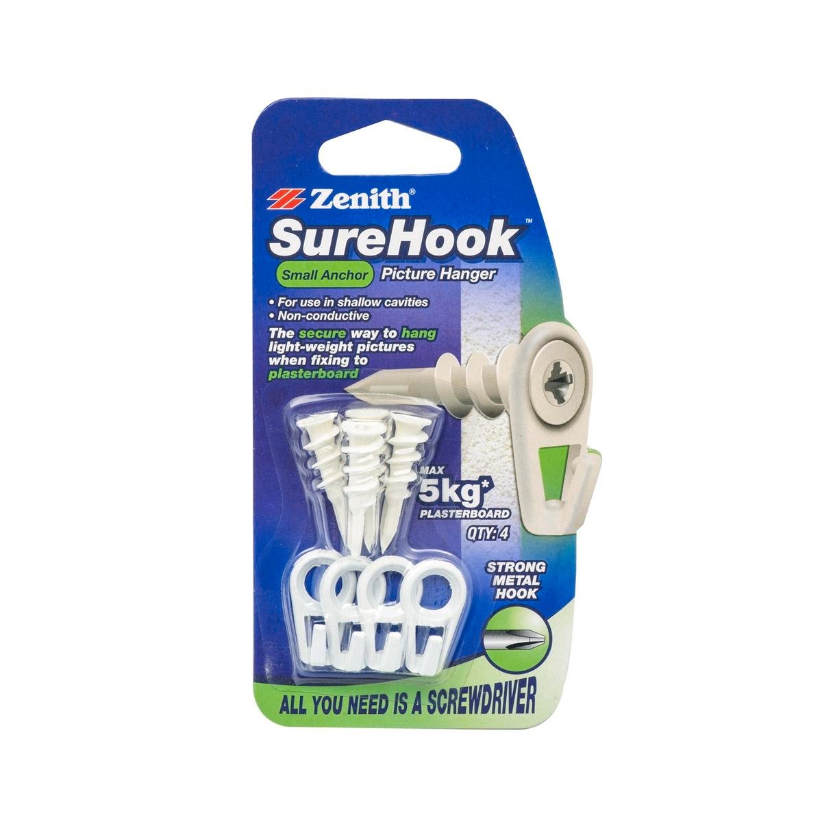 Zenith 5kg SureHook White Small Anchor Picture Hanger - 4 Pack ...