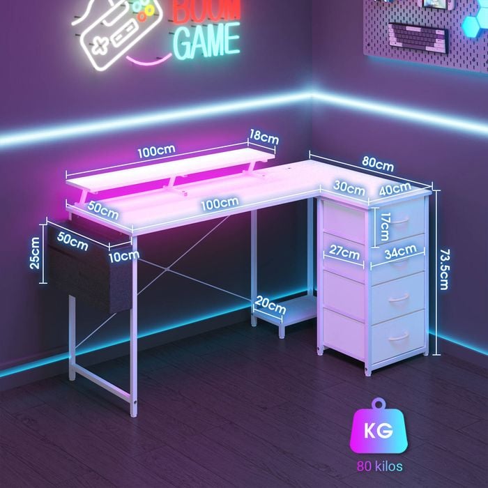 Advwin L Shaped Gaming Desk 140cm with LED Lights & Power Outlets Convertible Computer Desk with ...