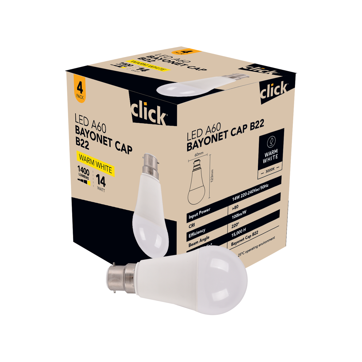 Click A60 BC LED 1400lm Warm White 14W Globe - 4 Pack - Bunnings New ...