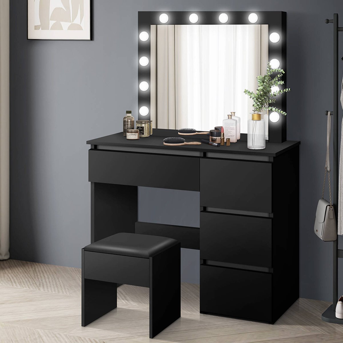 ALFORDSON Dressing Table Stool Set Black - Bunnings Australia