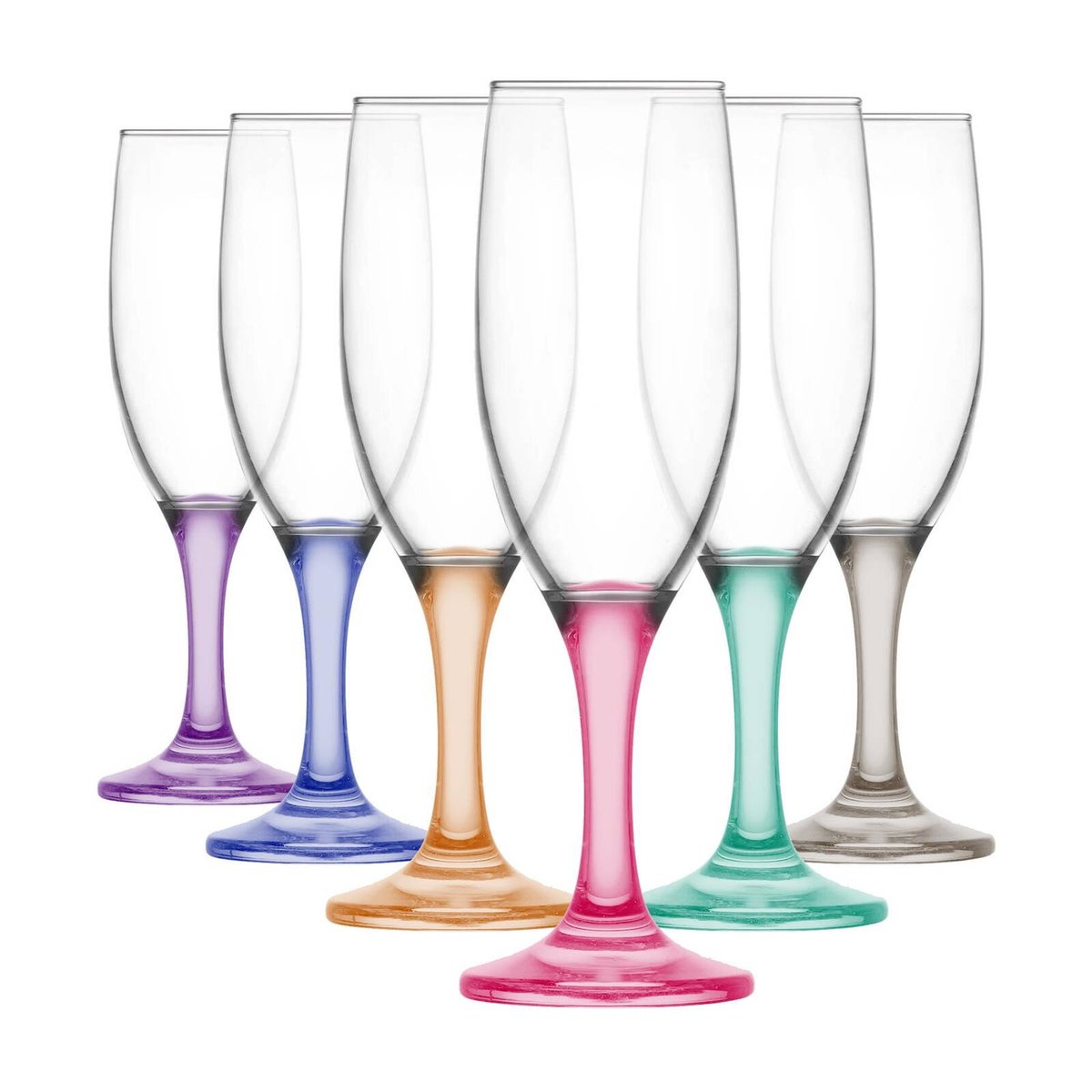 Misket Glass Champagne Flutes - 190ml - Coloured Stem - Pack of 6 ...