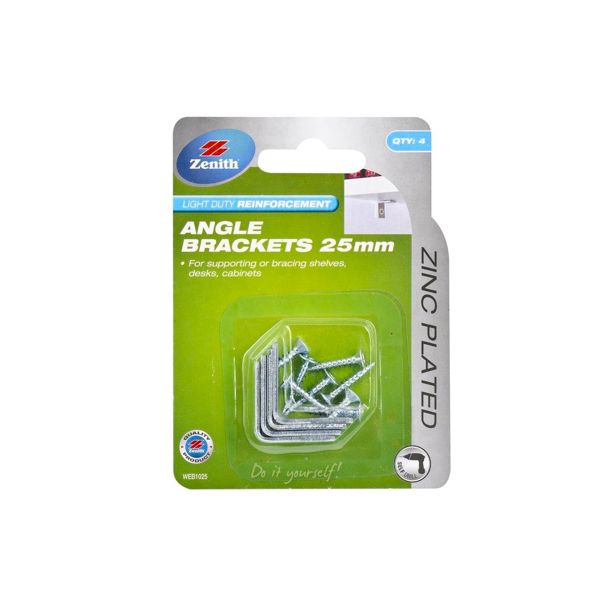 Zenith 25mm Zinc Plated Angle Brackets - 4 Pack - Bunnings Australia