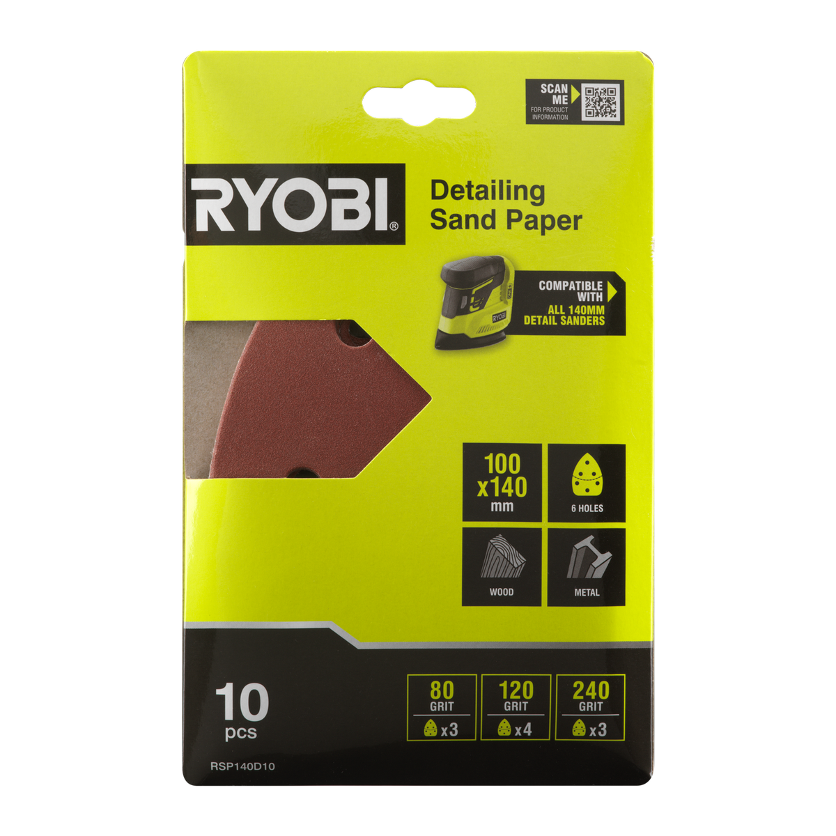 Ryobi 100 x 140mm 10 Piece Detail Sanding Set - Bunnings Australia