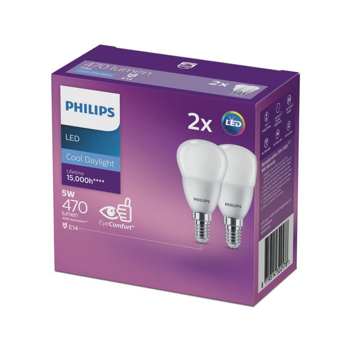 Philips B35 E14 LED 470lm Cool Daylight 5W Fancy Round - 2 Pack ...