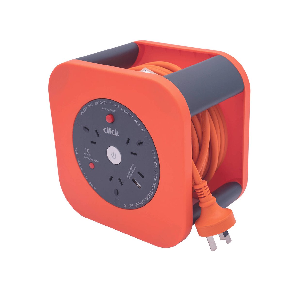 Click 10m 3 Outlet Square Cable Reel With USB Charger - Bunnings Australia