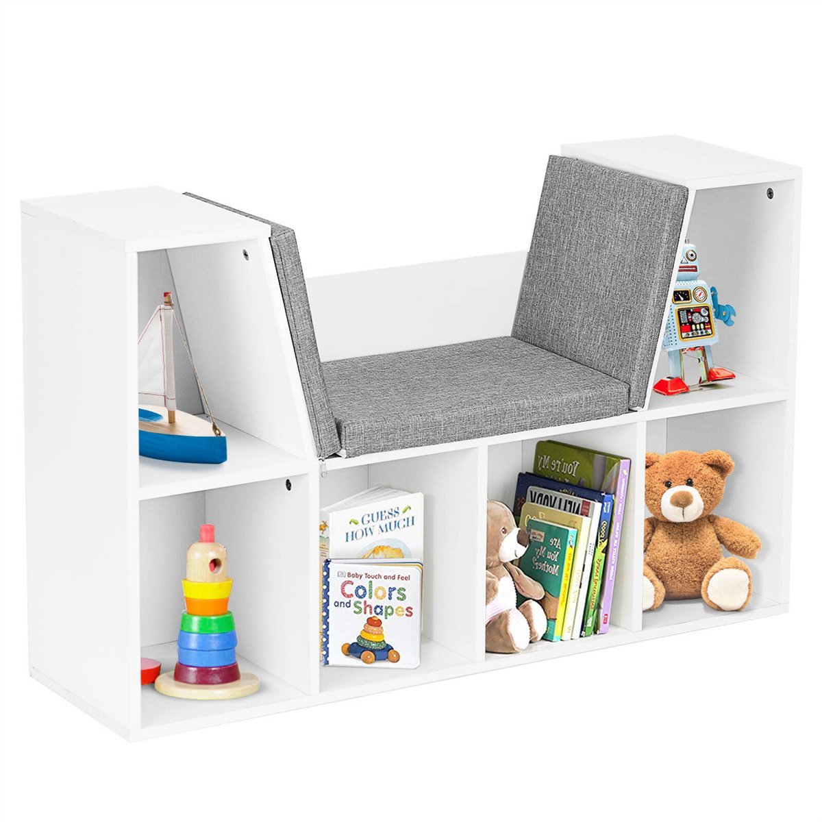 Costway Kids Bookcase Toy Box Storage Cabinet w/Upholstered Seat Wood ...