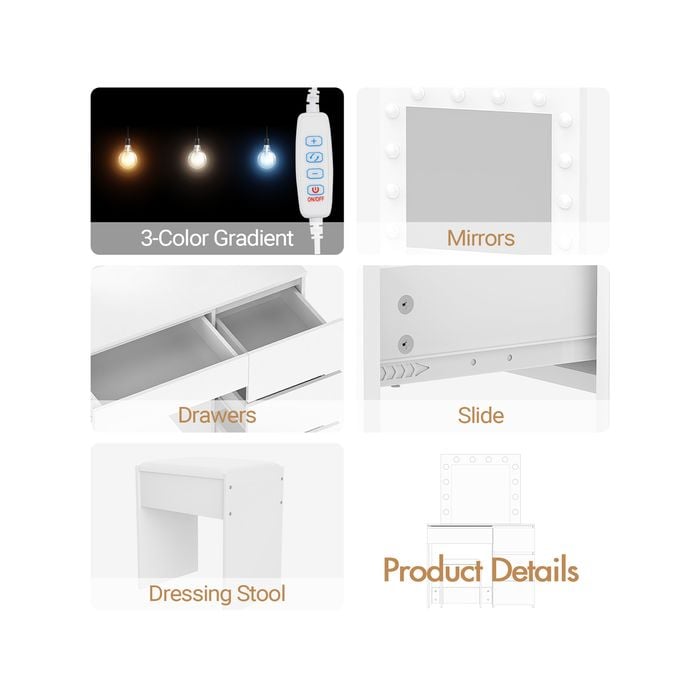 Advwin Dressing Table Stool Set with 12 LED Adjustable Bulbs White ...