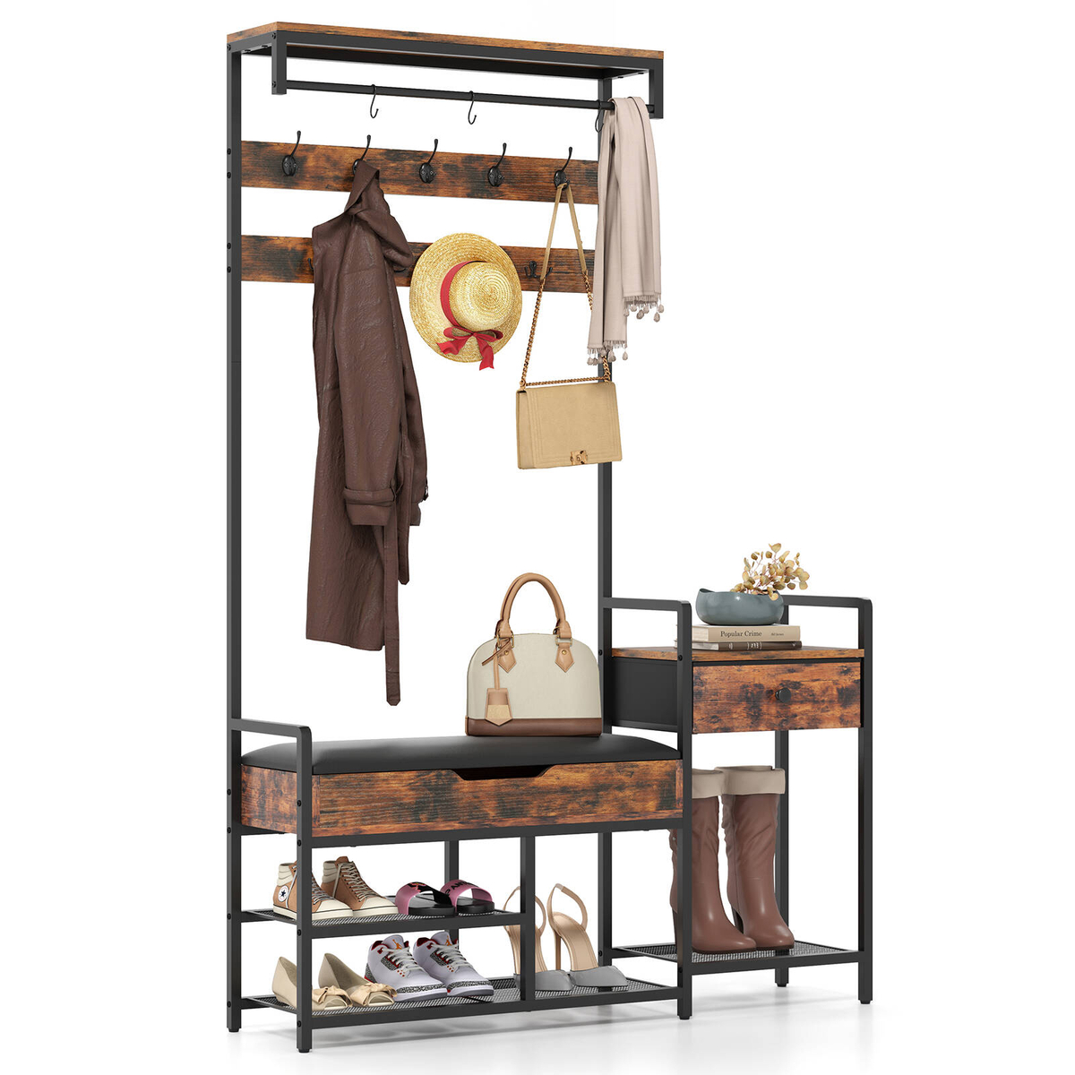 Costway 5-in-1 Coat Rack with Shoe Storage Bench Hall Tree 1.8M ...