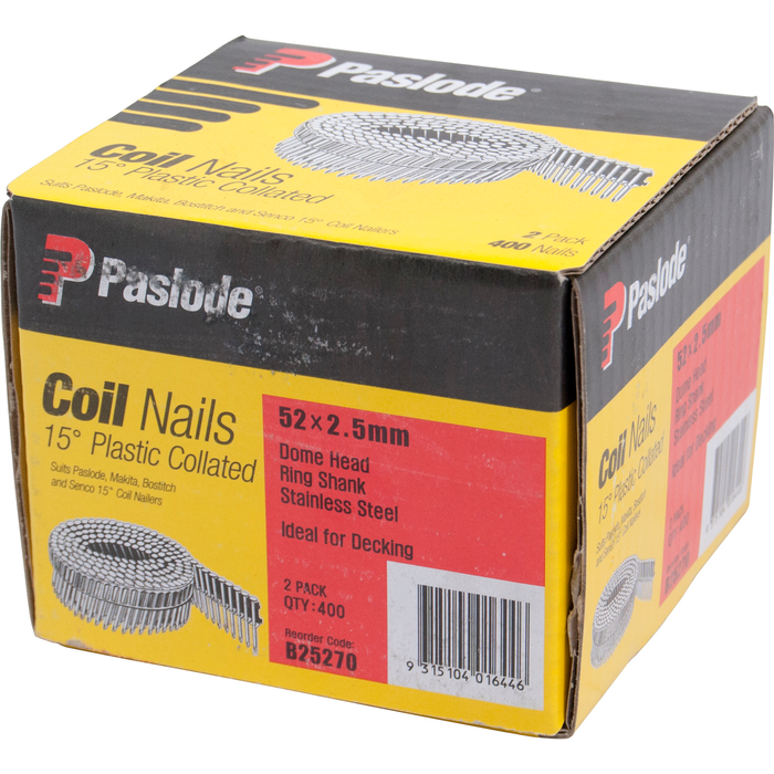 Paslode 52 x 2.5mm 15 Degree Stainless Steel Dome Head Plastic Collated ...