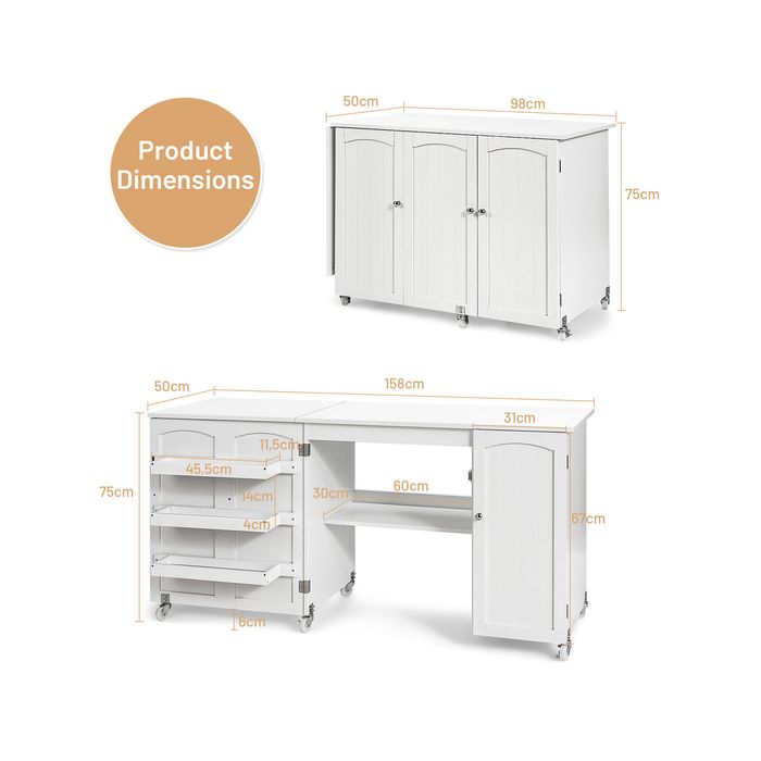 Costway Sewing Storage Table Mobile Drop Leaf Craft Cart w/Side ...