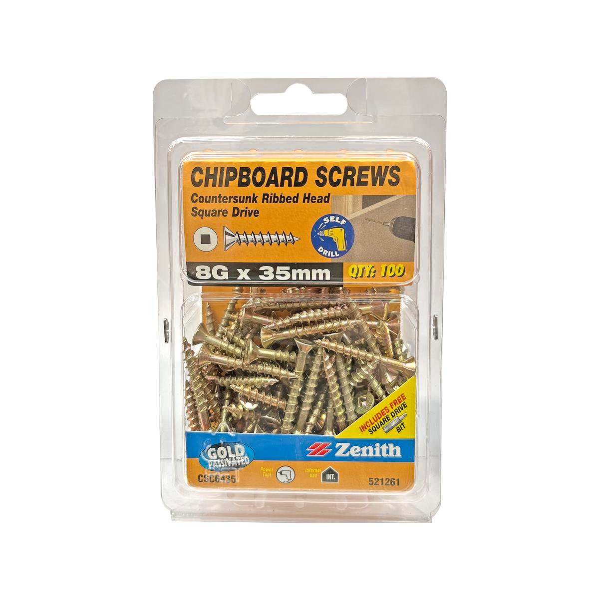 Zenith 8G x 35mm Gold Passivated Square Drive Chipboard Screw - 100 ...