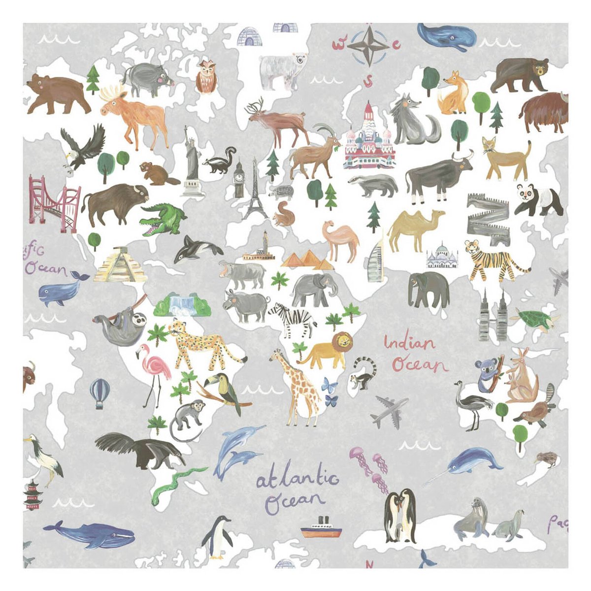 Animal Maps Grey Wallpaper 53cm x 10.05m - Bunnings Australia
