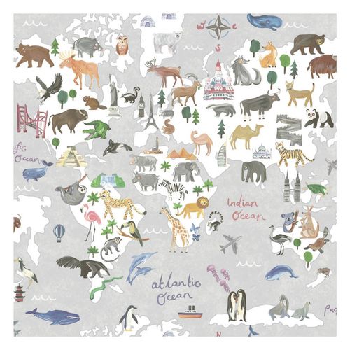 Animal Maps Grey Wallpaper 53cm x 10.05m - Bunnings Australia