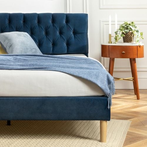 Zinus Queen Misty Bed Frame Velvet Fabric Bed with USB - Navy Blue ...