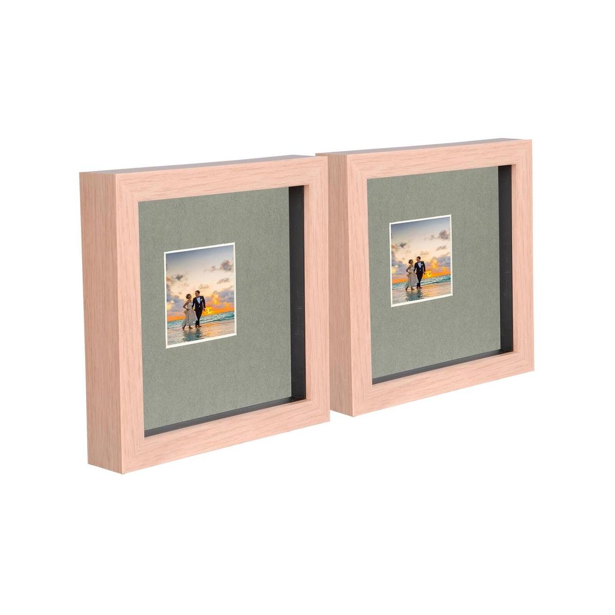 Nicola Spring 6" x 6" Light Wood 3D Box Photo Frames - 2" x 2" Mount ...