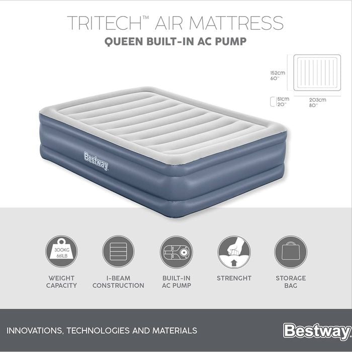 Bestway Air Bed Queen Size 2.03m x 1.52m x 51cm Tritech with Built-in ...