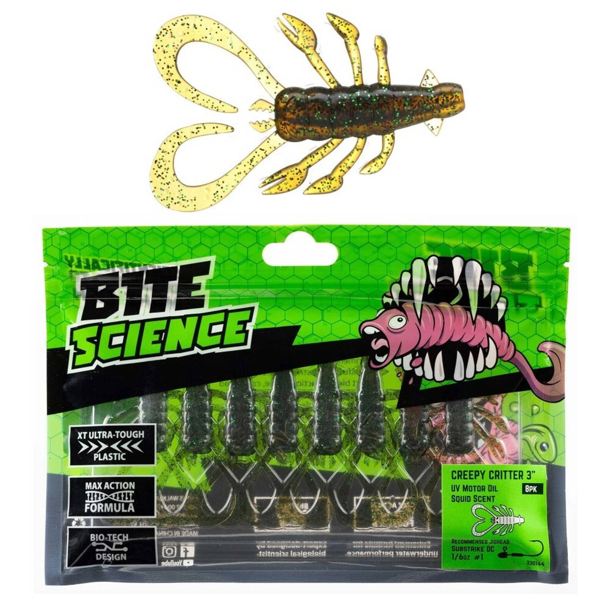 8 Pack of 3 Inch Bite Science Creepy Critter Soft Plastic Lures - UV ...
