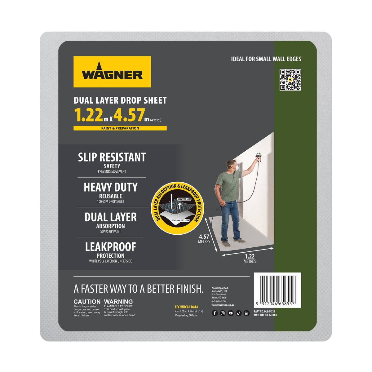 Wagner 1.22m x 4.57m (4’x15’) Heavy Duty Dual Layer Drop Sheet ...