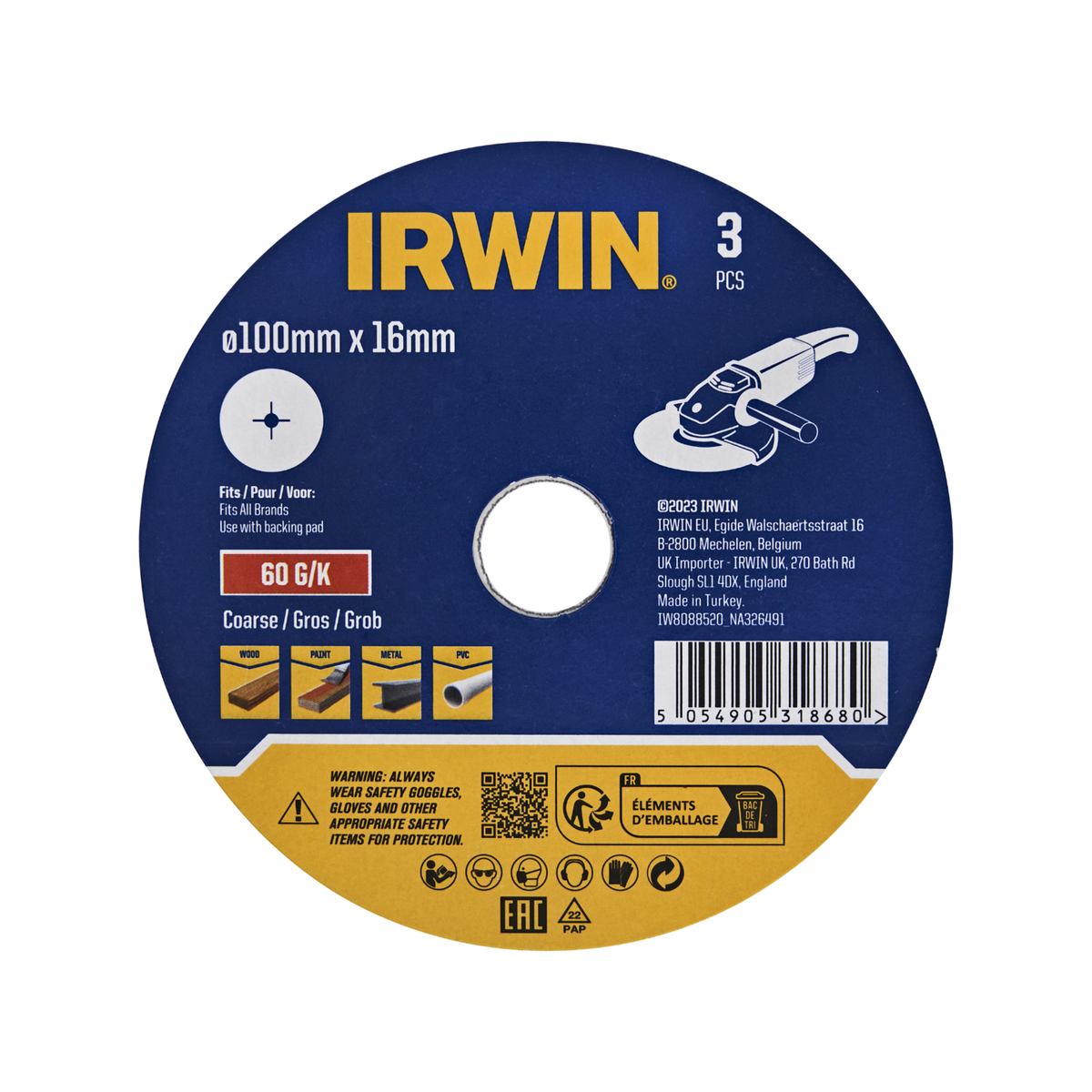 IRWIN 100 x 16mm 60 Grit Fibre Disc - 3 Pack - Bunnings Australia