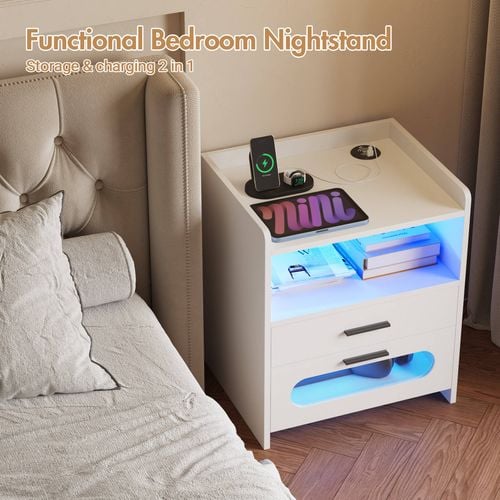 Advwin Bedside Table Set of 2 Wireless Charging Station LED Lights 2 ...