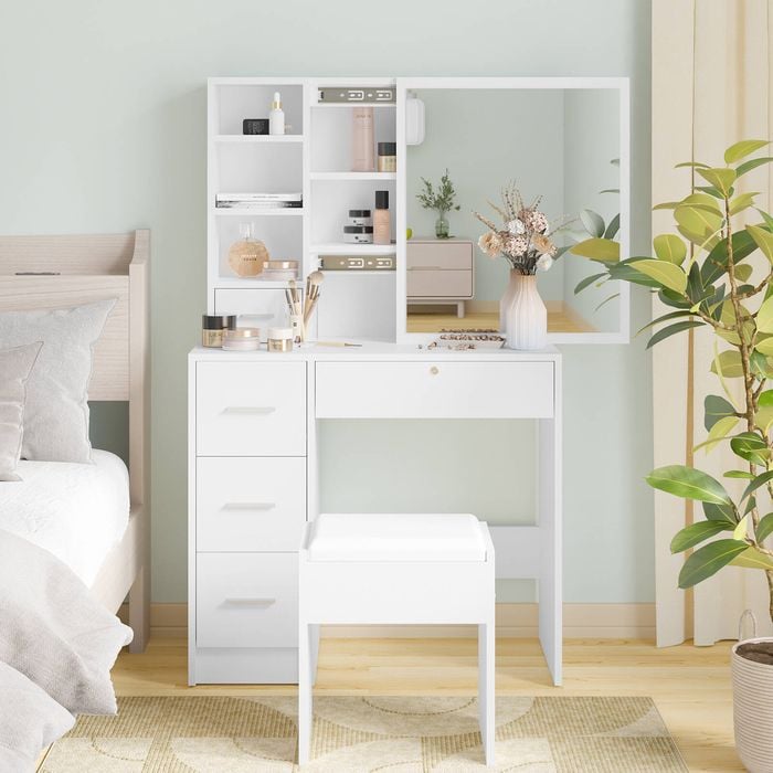 Advwin Dressing Table Set with Slide Mirror and Stool Vanity Desk Hiden ...