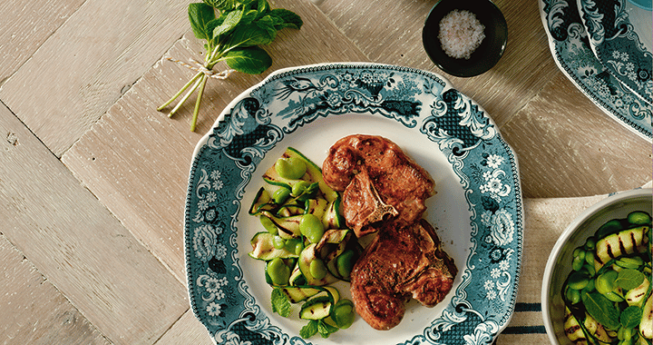 Seared Loin Chops with Salad Of Grilled Zucchini Strips & Broad Beans ...