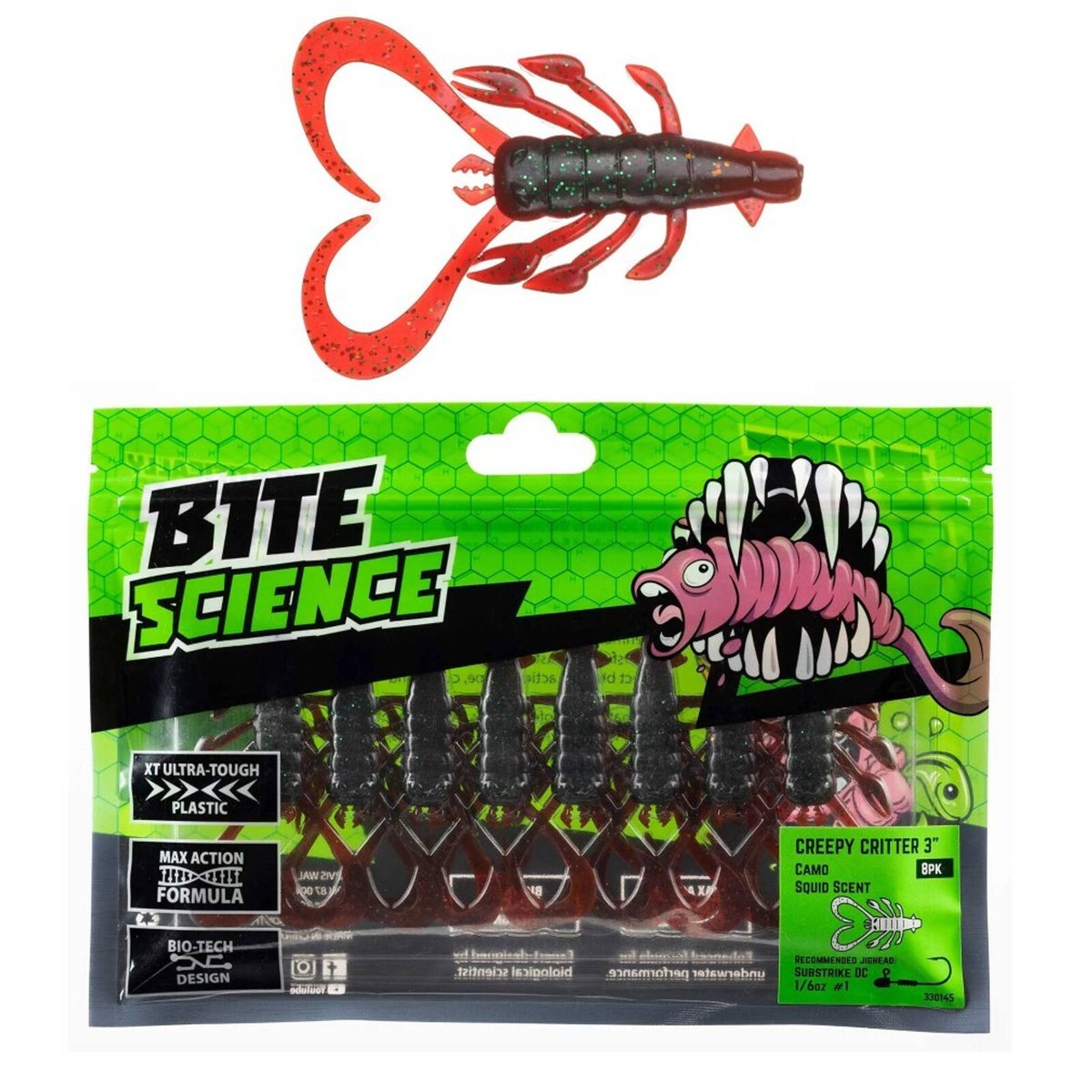 8 Pack of 3 Inch Bite Science Creepy Critter Soft Plastic Lures - Camo ...