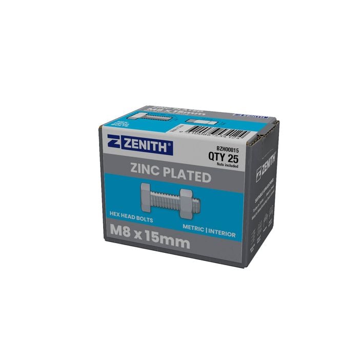 ZENITH M8 x 15mm Zinc Plated Hex Head Bolts and Nuts - 25 Pack ...