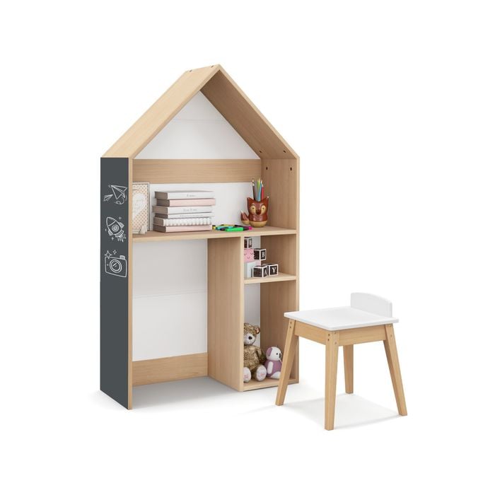Costway 2-in-1 Kids House-shaped Table and Chair Set Children Bookshelf ...